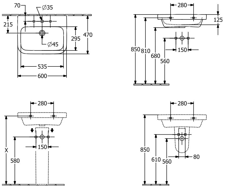 Villeroy & Boch ARCHITECTURA - Umyvadlo, 600x470x180 mm, bez přepadu, bílá alpin 41886101