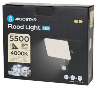 Aigostar - LED Reflektor se senzorem LED/50W/230V 4000K IP65 černá