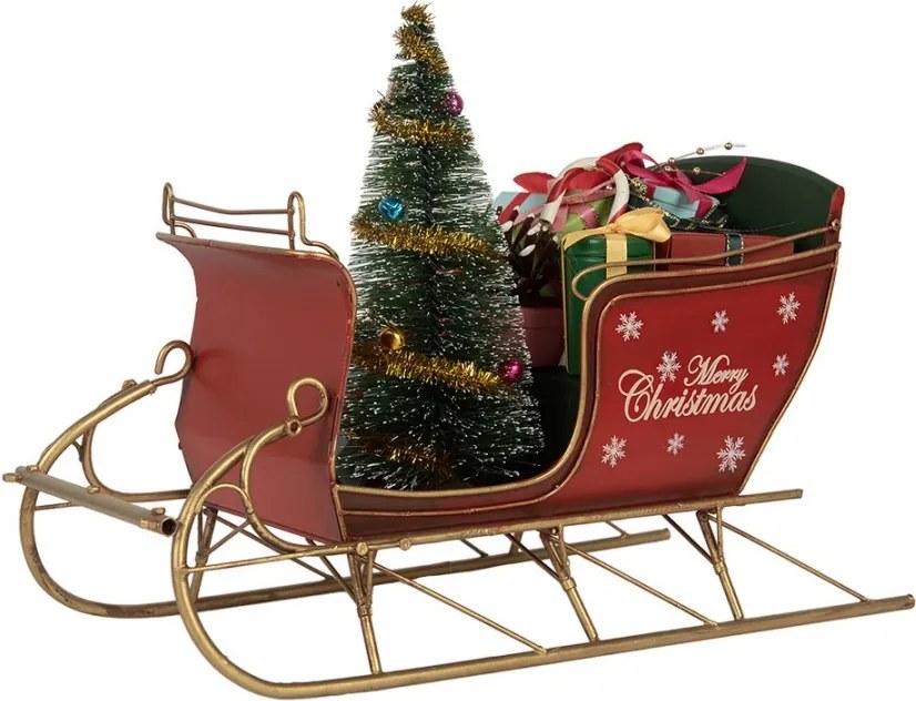 Červená dekorace sáně s dárky a stromkem Merry Christmas - 30*15*22 cm