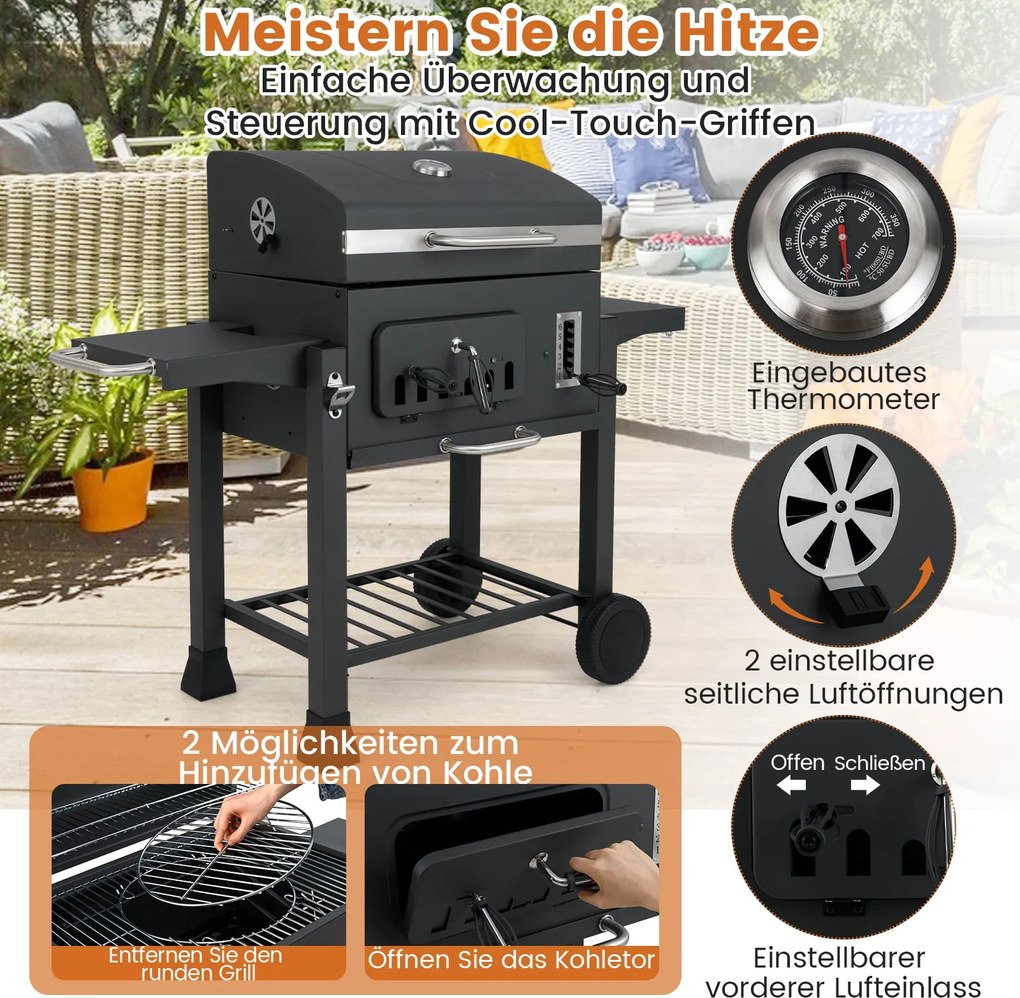Costway Sudový gril na dřevěné uhlí s 2 sklopnými bočními stolky Venkovní gril