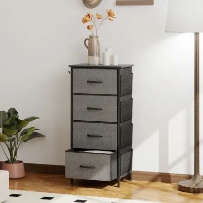 HOMCOM komoda se 4 látkovými zásuvkami, úložný nábytek se 4 kapsami, 2 háčky, ocelový rám, 45 x 30 x 94,5 cm, šedá