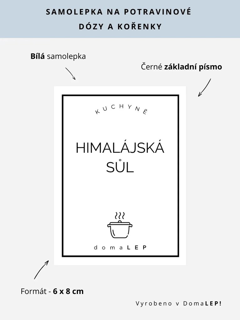 HIMALÁJSKÁ SŮL – bílá samolepka na dózu, základní písmo, 6 x 8 cm | DomaLEP