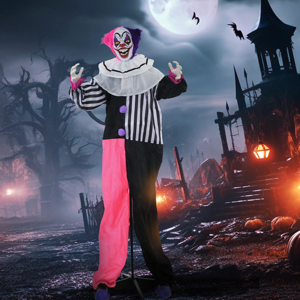 HOMCOM Strašidelný klaun Halloween dekorace, pohyblivý, funkce smíchu, růžová + fialová