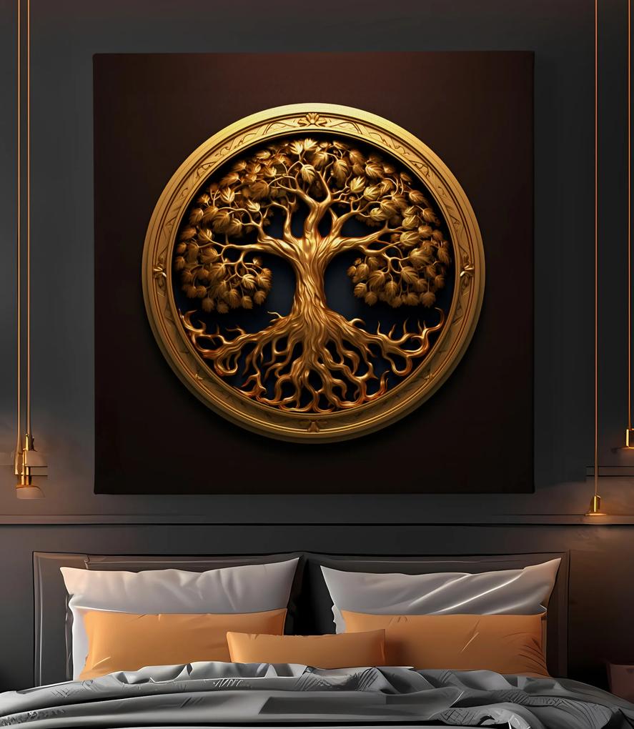 Obraz na plátně - Zlatý strom života v kruhu FeelHappy.cz Velikost obrazu: 100 x 100 cm