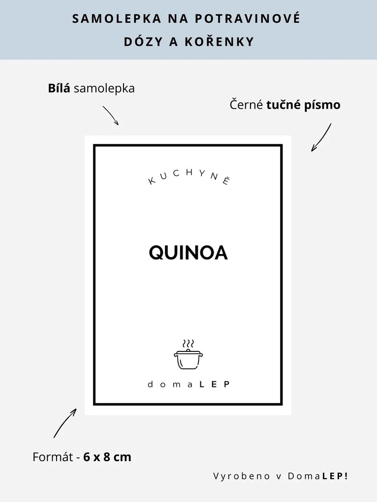 QUINOA – bílá samolepka na dózu, tučné písmo, 6 × 8 cm | DomaLEP