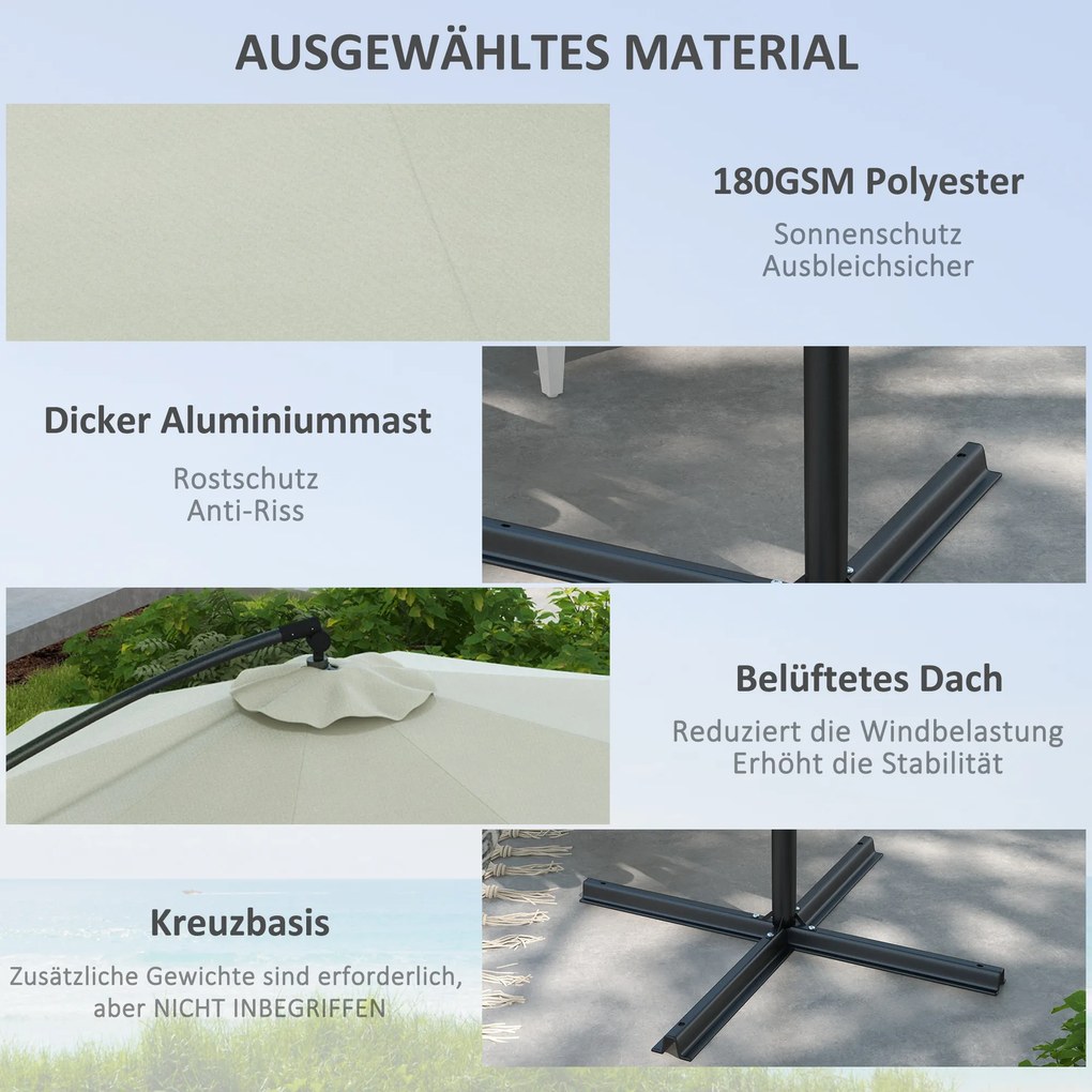 Konzolový slunečník Outsunny Ø293 x 260Hcm s kličkou a křížovým podstavcem, naklápěcí, odvětrávaný, 8 žeber, polyesterová krémová | Aosom.de