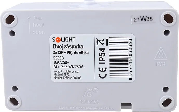 Solight dvojzásuvka do vlhka IP54, šedá
