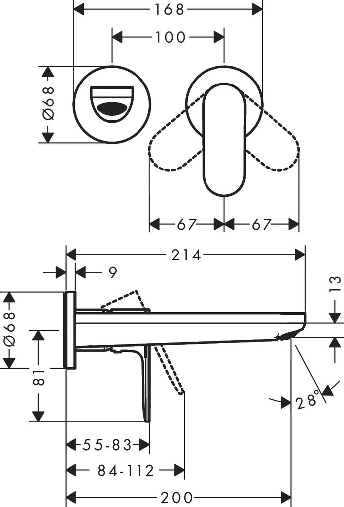Hansgrohe Rebris S, umyvadlová baterie pod omítku, pro montáž na stěnu, s výtokem 20 cm, 2-otvorová instalace, chromová, 72528000