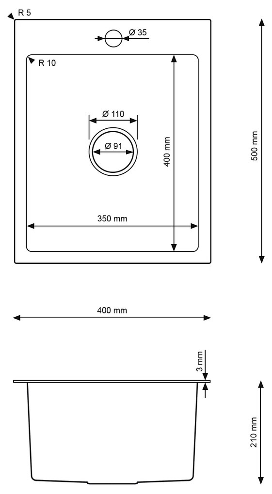 Erga HD, 1-komorový ocelový dřez 400x500x210 mm, zlatá matná, ERG-MLS-HD4050G