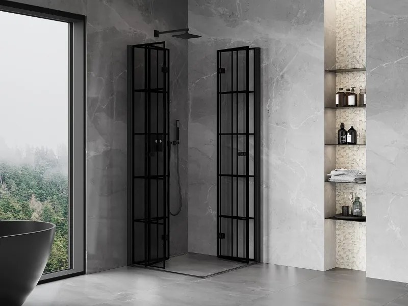 Mexen Mist-F Duo, skládací sprchový kout 85 x 85 cm, čiré sklo-černá mřížka, 8A6-085L-085P-70-77