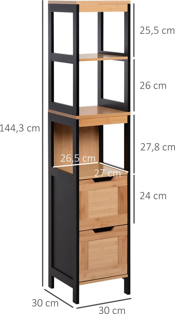 Kleankin Koupelnový Sloupkový Skříň S 3 Policemi A 2 Zásuvkami Moderní Styl 30x30x144,3 cm Černá a Přírodní