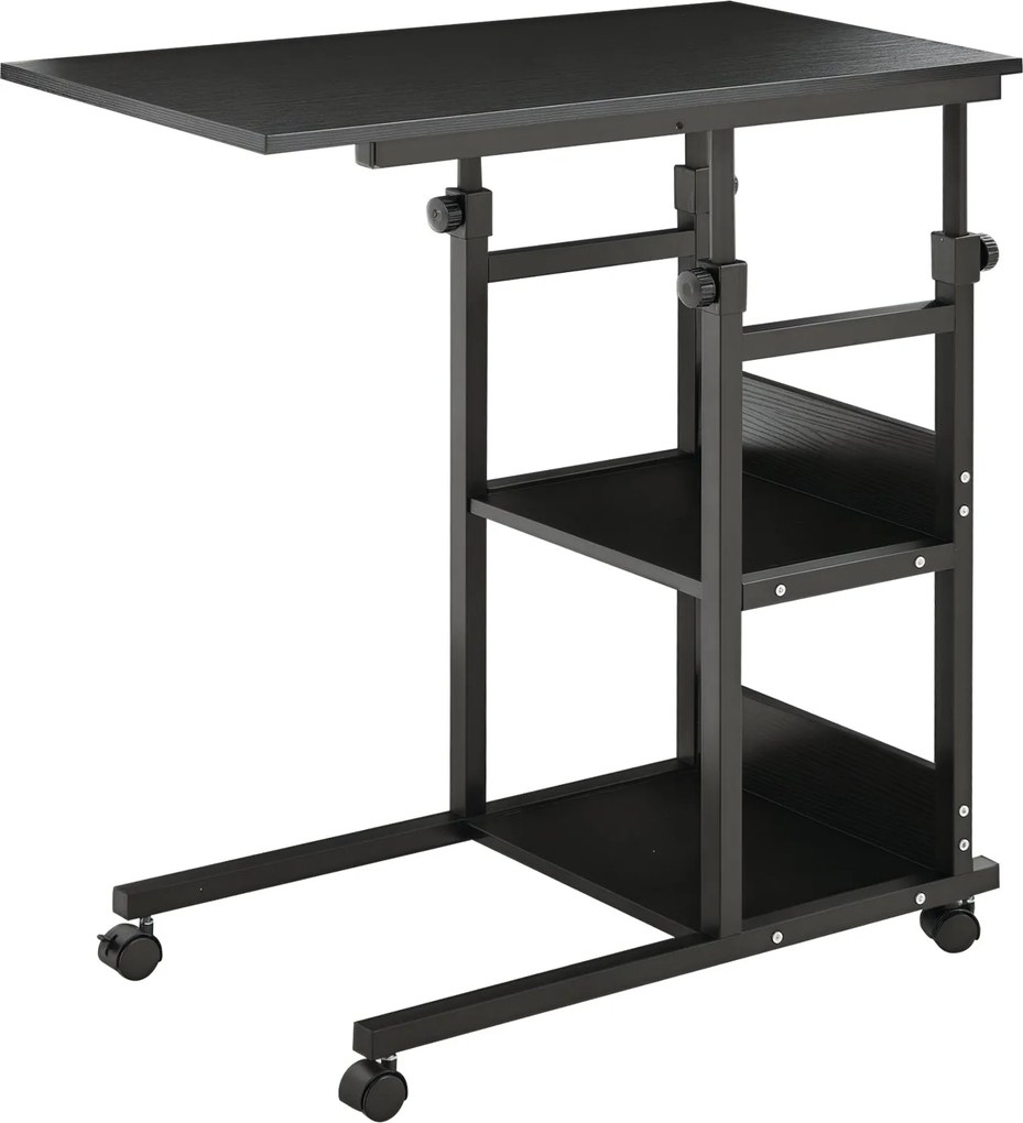 HOMCOM Stolek se Společkami 80x40 cm C-Formovaný Pohovkový Stolek s Nastavitelnou Výškou 3 Úrovně 72-82 cm Kovový Rám pro Obývací Pokoj a Kuchyni Čern