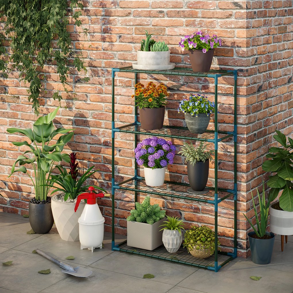 Outsunny police na rostliny, sada 2 kusů, 4-patrový držák na květináče na balkon/zahradu, ocel, zelená, 70x27x110cm