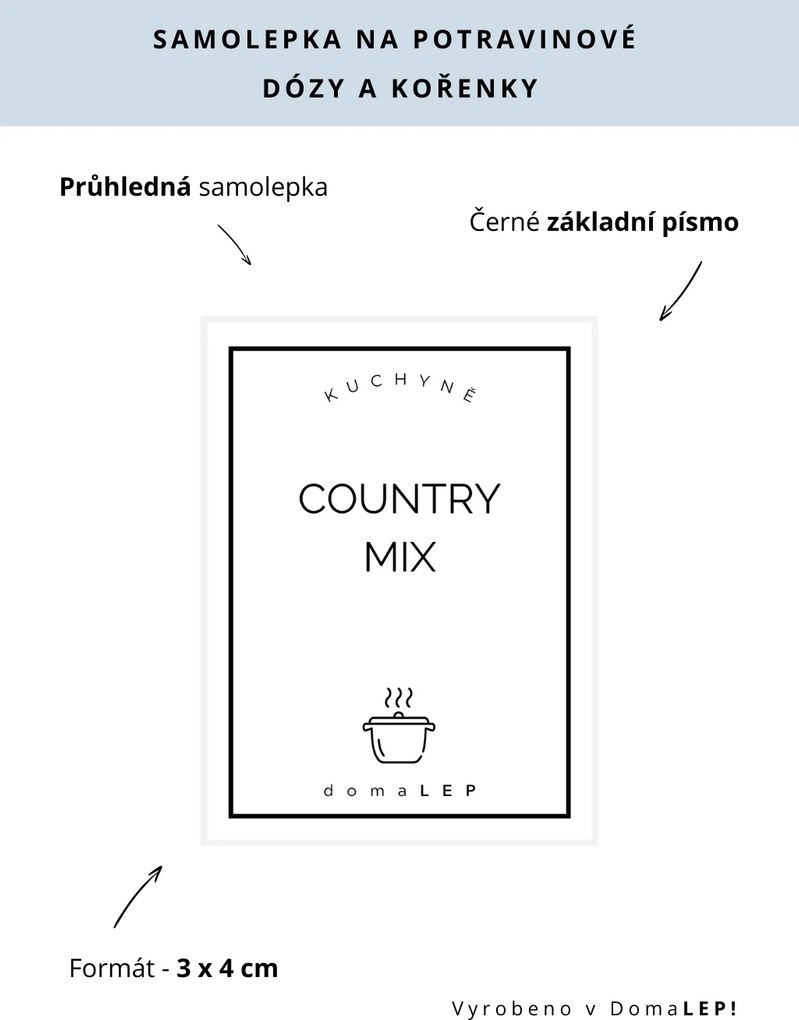 Samolepka na kořenky COUNTRY MIX průhledná 3 × 4 cm základní písmo