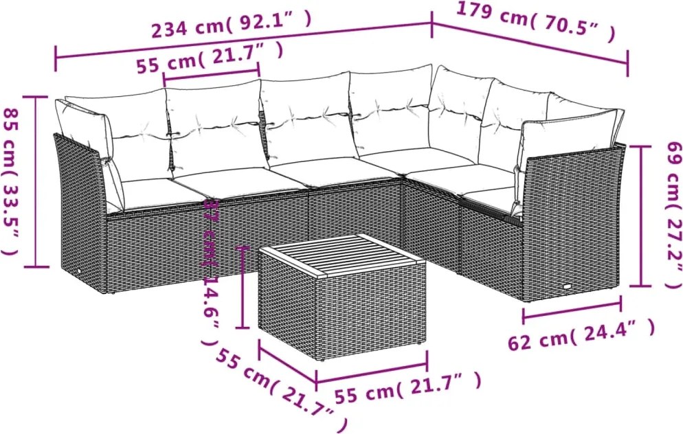 7dílná zahradní sedací souprava s poduškami šedá polyratan 3255990