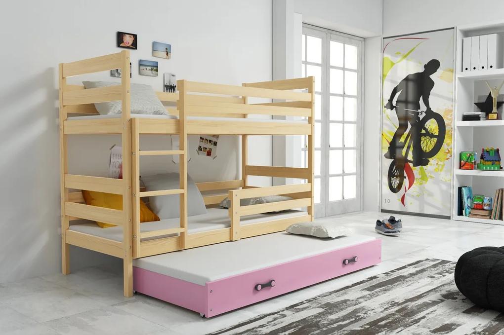 BMS Group Dětská patrová postel s přistýlkou ERYK borovice Velikost postele: 190x80 cm, Barva šuplíku: Růžová
