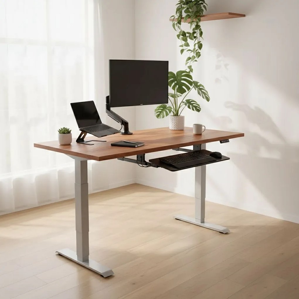 Výškově nastavitelný stůl OfficeTech A, 140 x 80 cm, šedá podnož, dub silverjack
