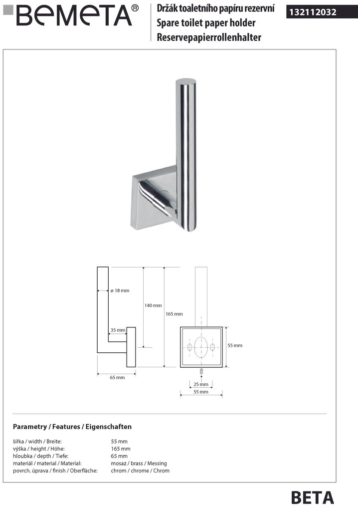 Bemeta Design BETA: Držák toaletního papíru, rezervní -