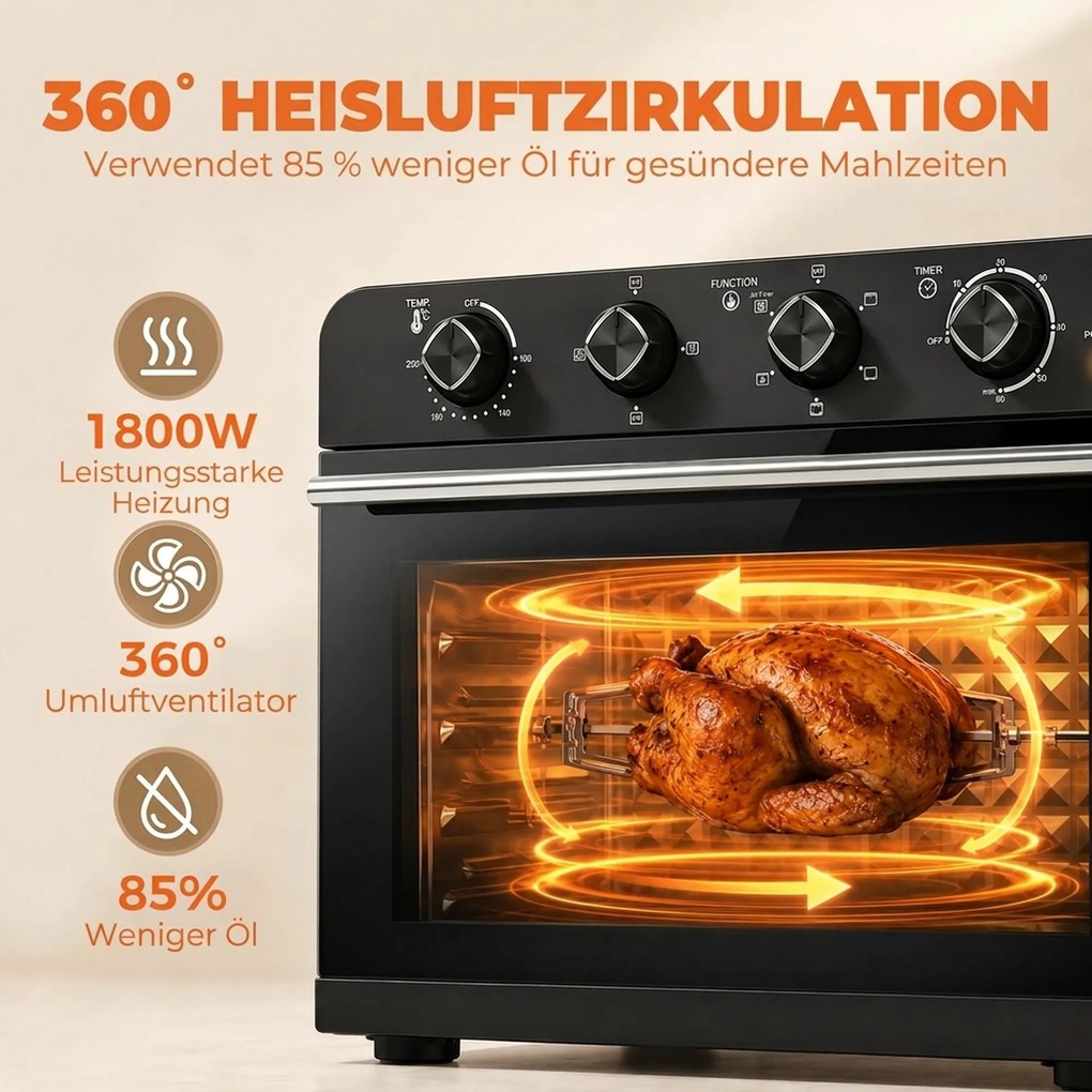 HOMCOM Horkovzdušná fritéza-trouba s ventilátorem a sadou rotačního špízu, regulátor teploty, časovač, 1800 W