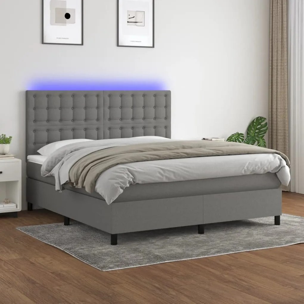 Box spring postel s matrací a LED tmavě šedá 180x200 cm textil