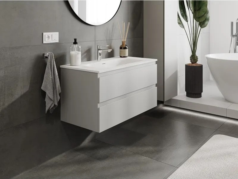 Mexen Orio, koupelnová skříňka 90 cm s umyvadlem Vela, 2 zásuvky, šedá matná/bílá matná, 91A10-09047-2-BFF62-W23M01