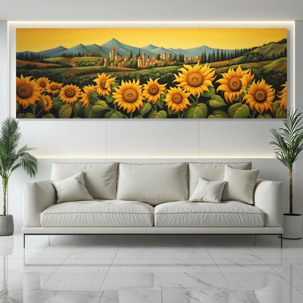 Obraz na plátně - Slunečnicové pole s vesničkou v kopcích FeelHappy.cz Velikost obrazu: 240 x 80 cm