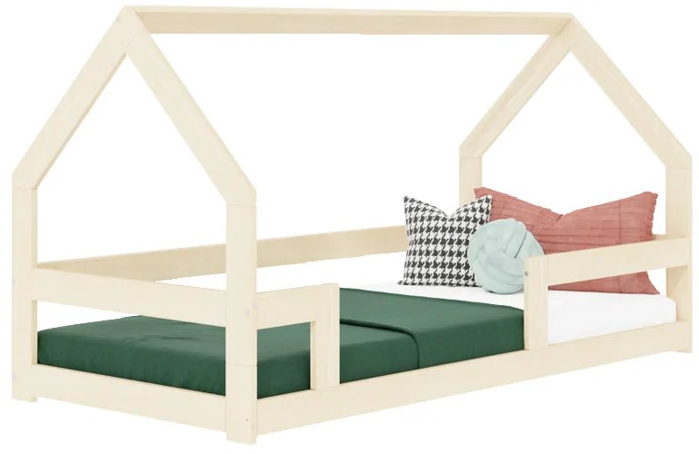 Benlemi Nízká postel domeček SAFE 8v1 ze dřeva se zábranou Zvolte barvu: Béžová, Zvolte rozměr: 90x160 cm, Zvolte zábranu: S jednou zábranou