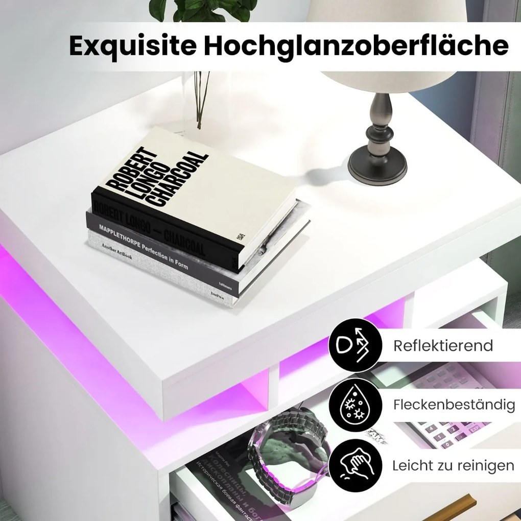 Costway Noční stolek s LED osvětlením s 2 zásuvkami – 50 × 40 × 58 cm, bílý