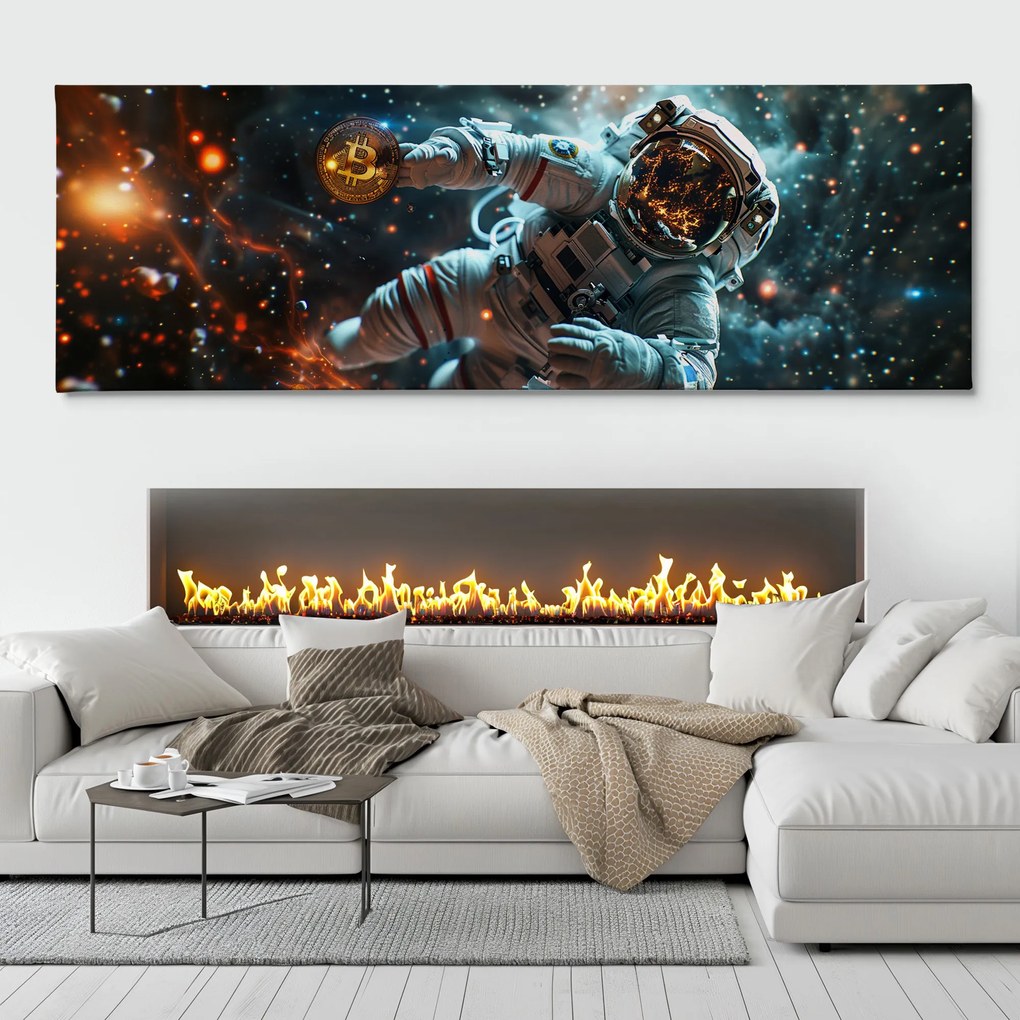 Obraz na plátně - Bitcoin, Astronaut štosuje ve vesmíru FeelHappy.cz Velikost obrazu: 120 x 40 cm