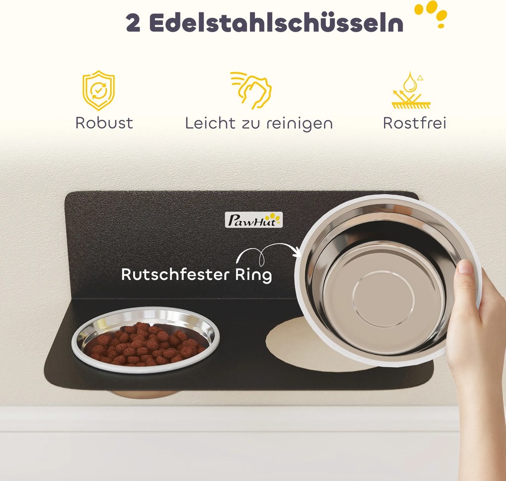 PawHut nástěnné výškově nastavitelné krmítko pro psy — 2×800 ml nerezové misky, černé