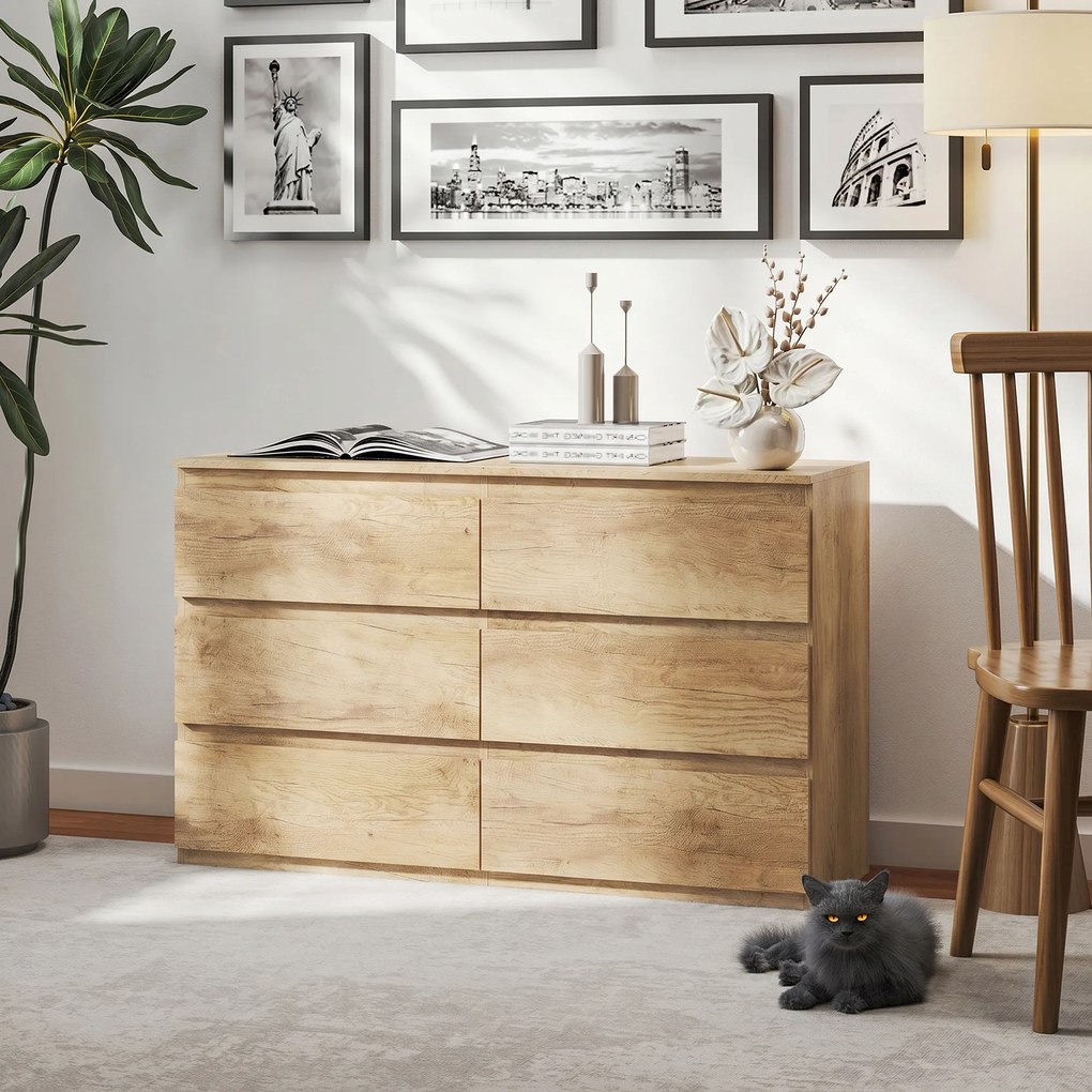 HOMCOM komoda 6 zásuvek úložný nábytek bez úchytek minimalistický design 120 x 39 x 75 cm dub