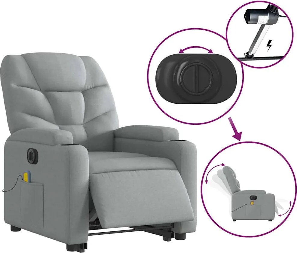 Elektrické zvedací masážní polohovací křeslo světle šedé textil 3204632