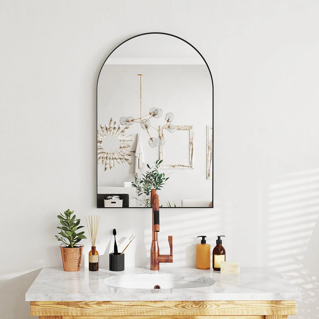 HOMCOM Zakřivené Zrcadlo na Zeď, Koupelnové Zrcadlo, 60 x 90 cm, vysoké rozlišení, s hliníkovým rámem, pro ložnici, obývací pokoj, předsíň, černé