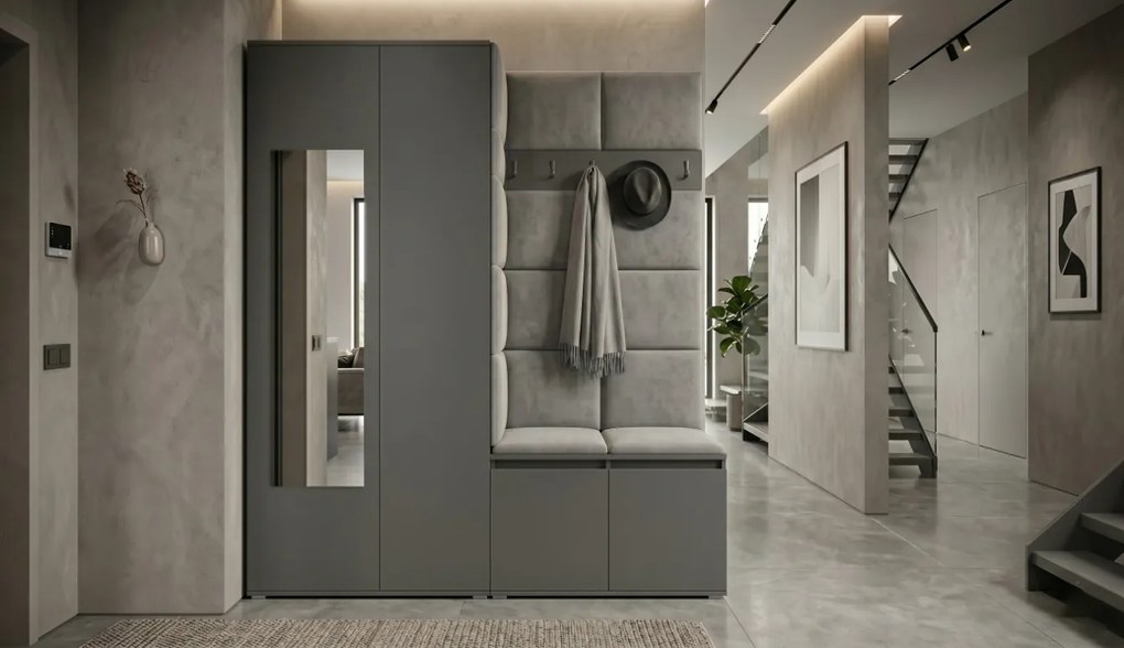Předsíňová stěna Trinity 8 s čalouněnými panely, 190 cm, grafit/ béžová