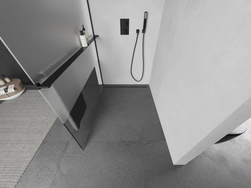 Mexen Kioto+ L, sprchová zástěna Walk-In s poličkou a věšákem 70 x 200 cm, 8mm čiré sklo-námraza, černý profil, 800-070-123-70-30