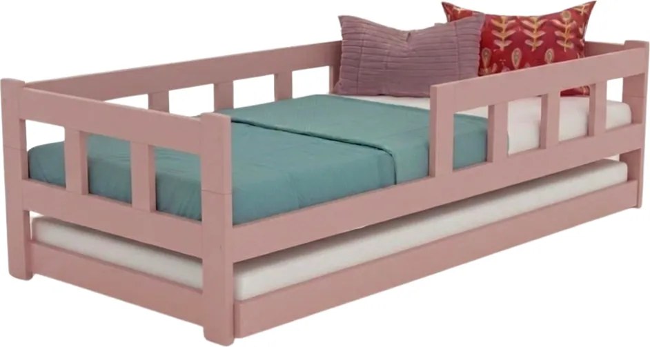 Benlemi Dřevěná jednolůžková postel FENCE 4v1 se zábranou a přistýlkou Zvolte barvu: Pastelově růžová, Zvolte rozměr: 80x160 cm, Zvolte zábranu: S jednou zábranou vpravo