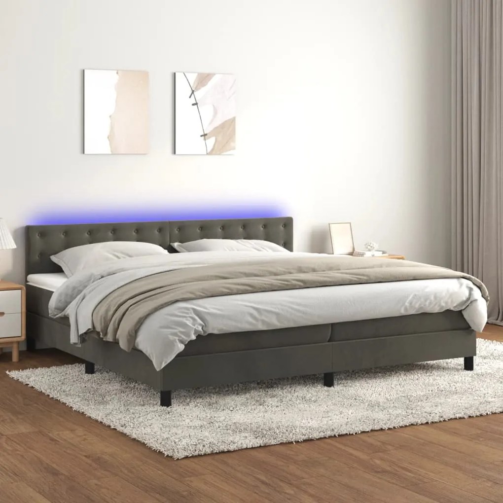 Box spring postel s matrací a LED tmavě šedá 200x200 cm samet 3134664
