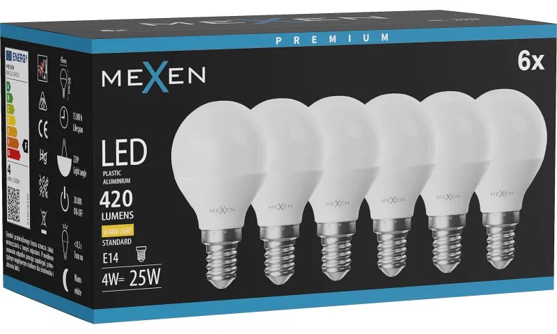 Mexen Nova 6x LED žárovka E14, G45, 4W, Teplá - 3000K, 420 lm - L101-E14-0430-01x06