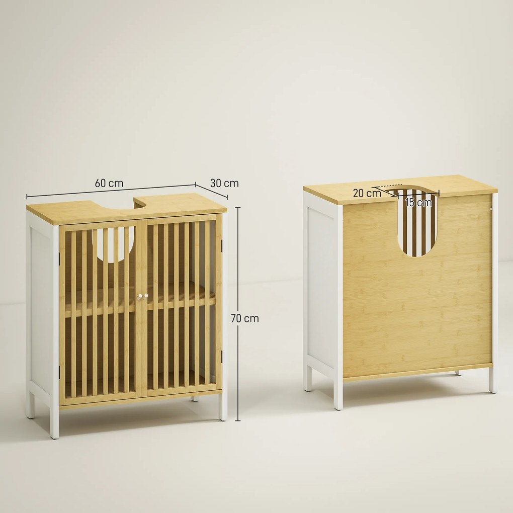 HOMCOM Koupelnová skříňka pod umyvadlo s dvojitými dveřmi a nastavitelnou policí, nosnost 30 kg, 60x30x70 cm, přírodní a bílá