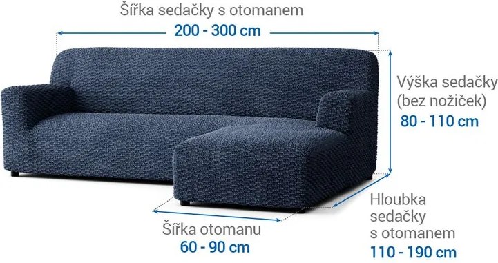 Bielastické potahy MOSAICO modré sedačka s otomanem vpravo (š. 170 - 300 cm)