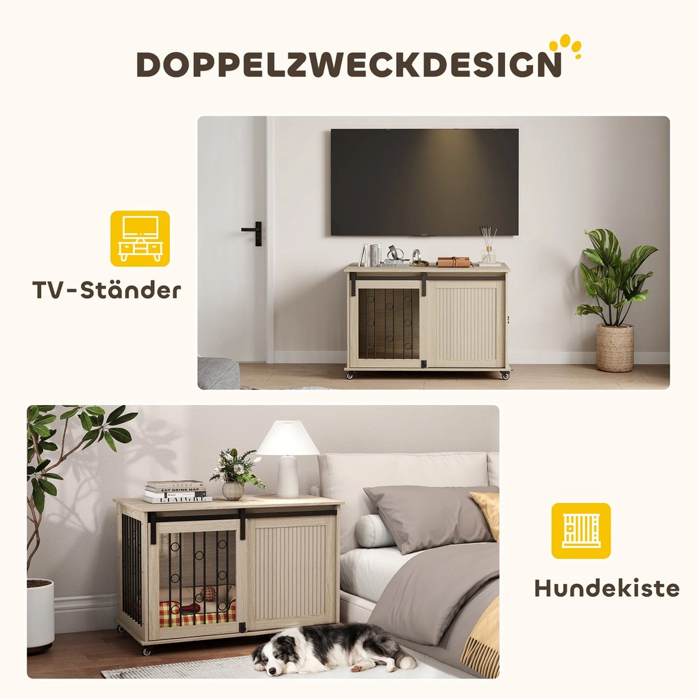 PawHut Psí box na kolečkách, posuvné dveře, 100 x 56 x 65 cm, dřevo, ocel