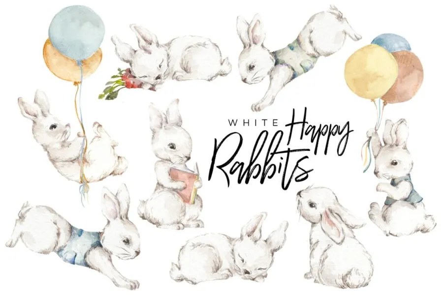 Sada 8 nástěnných samolepek Dekornik White Happy Rabbits