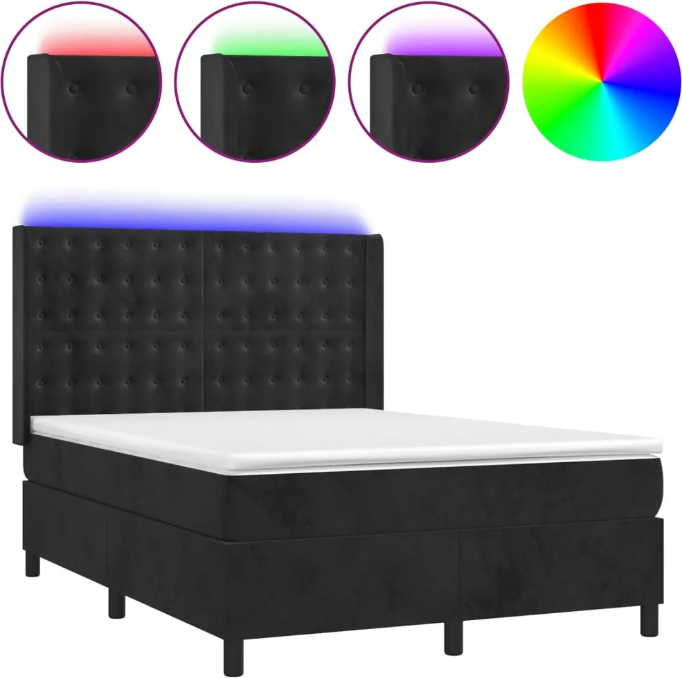 Box spring postel s matrací a LED černá 140x200 cm samet 3139807