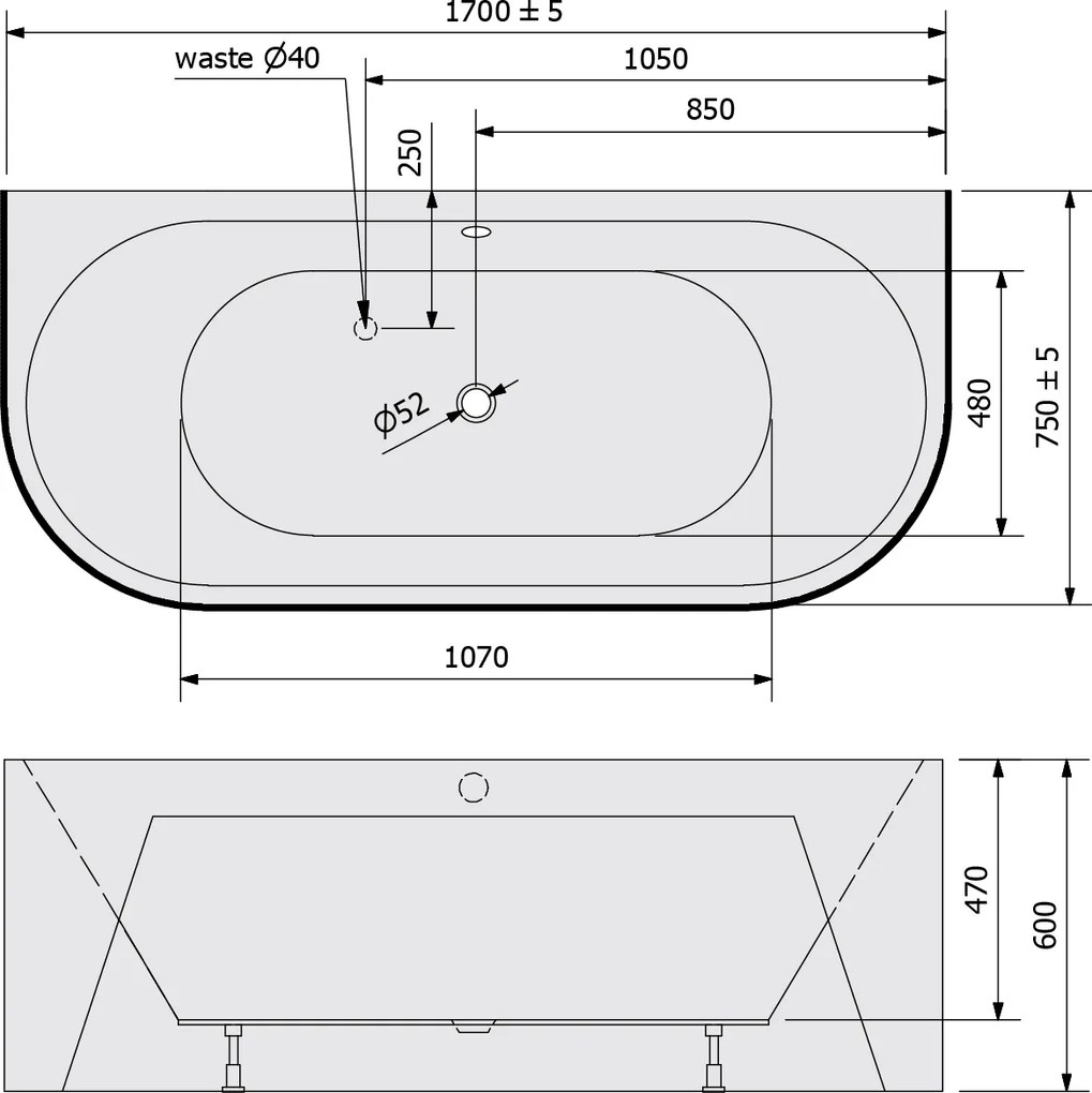 Polysan MONOLITH VIVA D asymetrická vana 170 x 75 x 60 cm bílá 89119M