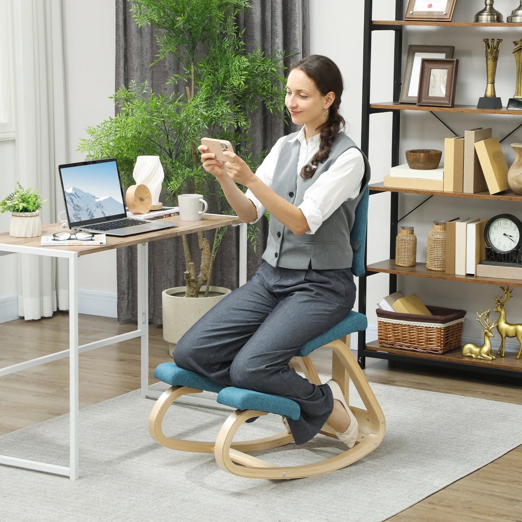 HOMCOM ergonomická klečící židle s opěrkou — březová kancelářská a meditační stolička (tmavě modrá)