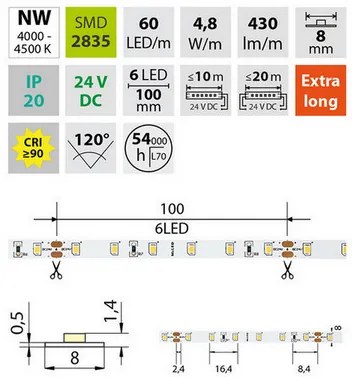 LED pásek McLED 24V neutrální bílá CRI90 š=8mm IP20 4,8W/m 60LED/m SMD2835 ML-126.830.60.2