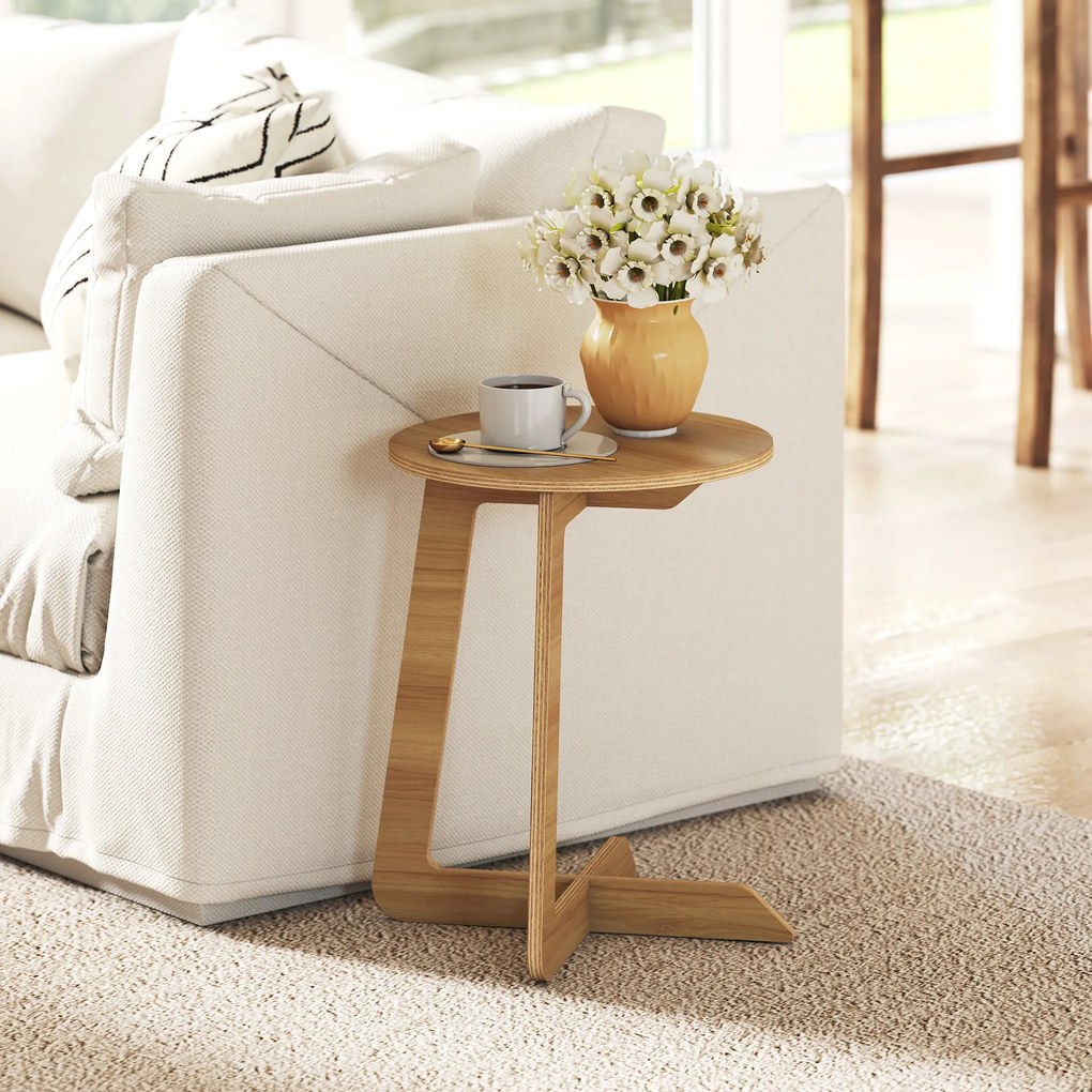HOMCOM C-odkládací stolek, kulatý příruční stolek, rychlá montáž, do malých prostor, obývací pokoj a ložnice, přírodní