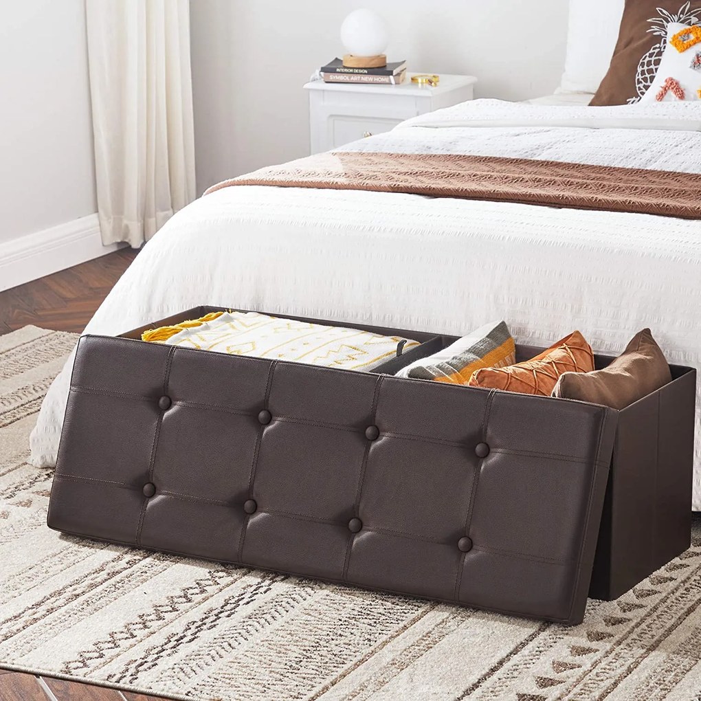 Puf, skládací úložná lavice otoman 120l, 110 x 38 x 38 cm, hnědý
