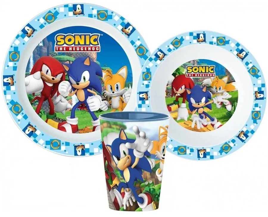 Sada plastového nádobí / jídelní souprava Ježek Sonic s kelímkem - 3 díly