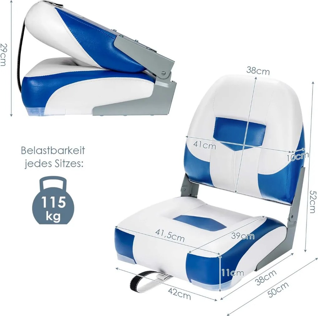 Costway Sada 2 skládacích sedadel na loď modrá + – 50 × 42 × 52 cm, bílý